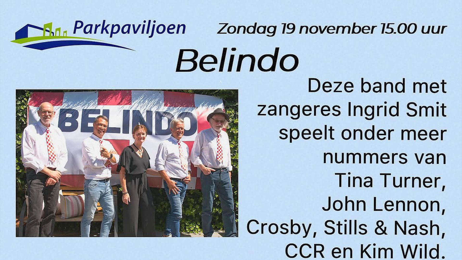 Coverband Belindo zondag 19 november in het Parkpaviljoen